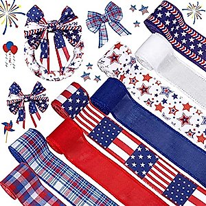 Whaline 8 Roll Independence Day Wired Edge Ribbon Patriotic Star Stripe USA Flag Burlap Ribbon 26 Yard Red Blue White Fabric Ribbon for 4th of July DIY Gift Wrapping Wreath Crafts Decor, 2.5 Inch