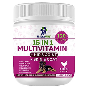 Dog Multivitamin with Vitamin C and E for Skin & Coat + Immune Health - 120ct - Glucosamine Chondroitin for Hip and Joint Support - Probiotics for Healthy Gut Flora - Postnatal Support