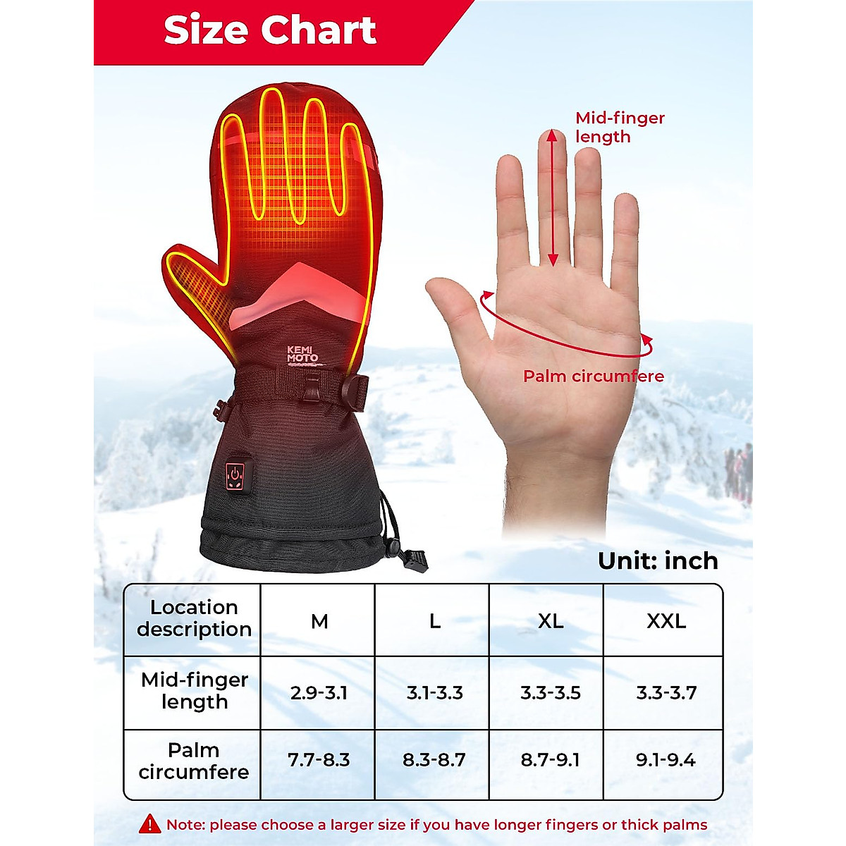 KEMIMOTO Heated Mittens for Men Women Rechargeable, Ski Mittens Gloves Electric 2PCs Battery with Touchscreen Waterproof Hand Warmer for Winter Skiing Snowboarding Hiking Climbing Camping, Size L