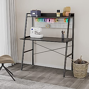 It's_Organized Computer Ladder Desk with Shelves, 43" for Small Spaces Saving Home Office Bedroom Workstation PC Laptop Study Writing Gaming Table with Storage Shelf Bookshelf Modern Black Metal Frame