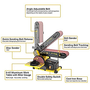 Woodskil 4.3A Belt Sander, 4 x 36 in. Belt & 6 in. Disc Sander, Double Dust Exhaust Port, Steel Base, 2Pcs Sandpapers Included