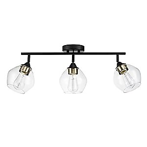 Globe Electric 59619 Harrow 3-Light Track Lighting, Matte Black, Antique Brass Accents, Clear Glass Shades, Bulbs Included