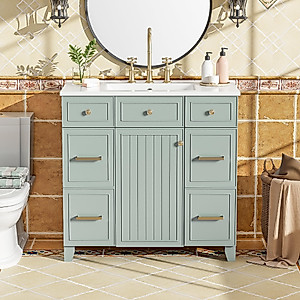 Harper & Bright Designs 36" Bathroom Vanity with Sink, Free Standing Single Basin Vanity Set with Cabinet and 3 Drawers, Modern Wooden Bathroom Cabinet with Ceramic Basin for Bathroom, Green
