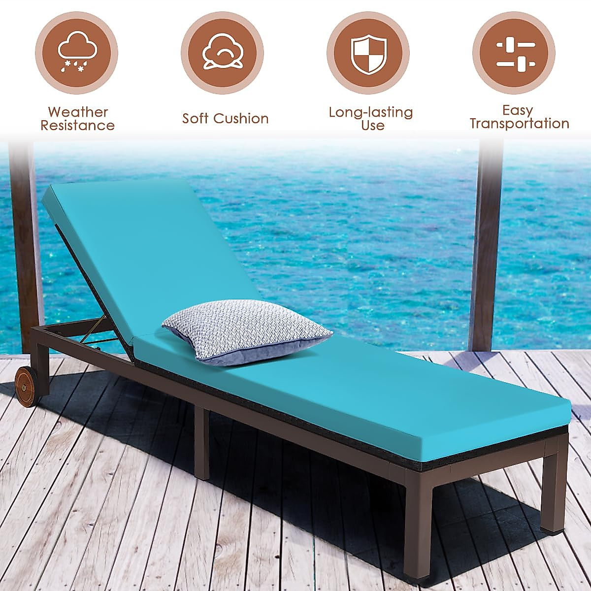 GORELAX Outdoor Chaise Lounge Chair, Rattan Sun Lounger Recliner with Padded Cushion, 5-Position Adjustable Pool Lounge Chairs with Wheels for Patio, Deck, Backyard, Garden (1, Turquoise)