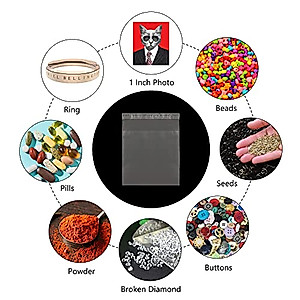 1.5" x 1.5" Mini Clear Cellophane Bags 500pcs Small Adhesive Cello Baggies 2mil Tiny Self Stick OPP Poly Pouch Bags for Photo Beads Seeds Buttons Powder Pills Ring Vitamins Crystals Earrings Coins (9 Sizes to Choose from)