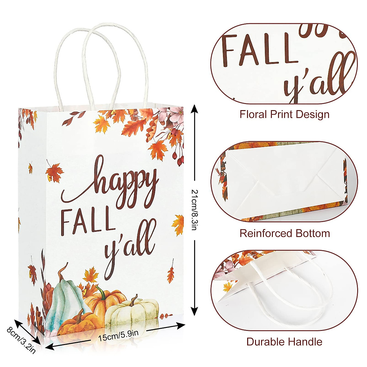 AnyDesign 16Pcs Happy Fall Y'all Gift Bags Autumn Maple Leaves Pumpkin Pattern Paper Bag with Handle for Thanksgiving Day Fall Themed Wedding Birthday Bridal Shower Party Favors, 5.9 x 8.3 x 3.2 Inch