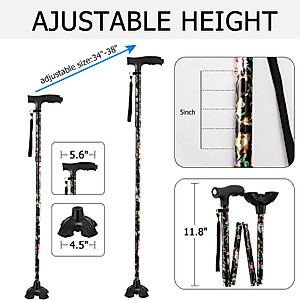 LIXIANG Walking Cane with LED Light, Adjustable Folding Walking Cane for Women and Men, Lightweight Portable Collapsible Cane Quad Cane for Senior Balance