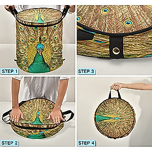 xigua Large Pop-Up Laundry Basket with Zipper Lid, Round Collapsible Storage Basket,Dirty Clothes Hamper for Bedroom, Beautiful Peacock