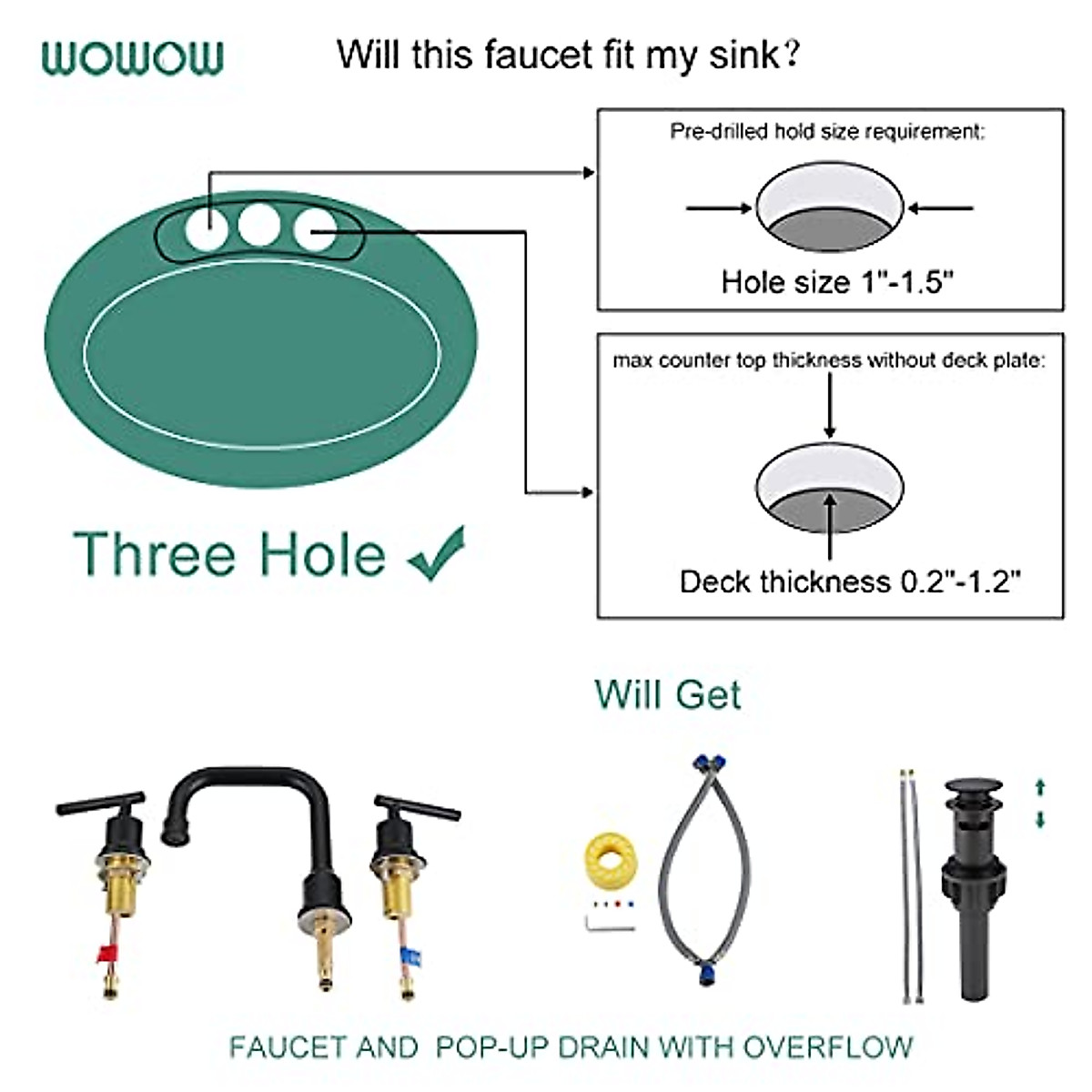 WOWOW Two Handles Widespread 8 inch Bathroom Faucet Black 3 Pieces Basin Faucets 360 Degree Swivel Spout Lavatory Sink Faucet