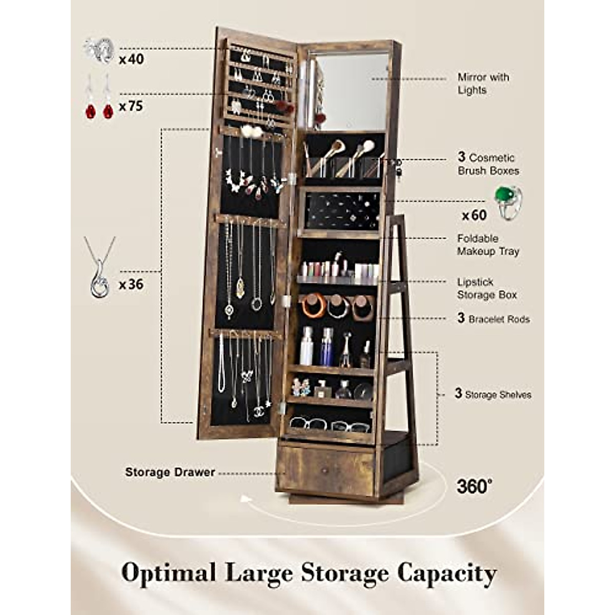 Nicetree 360° Swivel Jewelry Cabinet with Lights, Touch Screen Vanity Mirror, Rotatable Full Length Mirror with Jewelry Storage, Locking Jewelry Armoire Organizer, Foldable Makeup Shelf, Rustic Brown