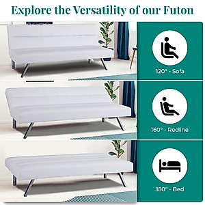 Naomi Home Faux Leather Futon Couch, Modern Convertible Folding Sofa Bed Couch Futon Sofa Bed with Chrome Legs, Reclining Mini Couch, Leather Futon Small Couch for Bedroom Living Room White