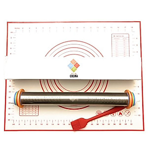 Stainless Steel Rolling Pin Dough Roller 17” x 2” with 4 Removable Adjustable Thickness Ring and Non-Slip Silicone Pastry Mat 24” x 16” | Red Basting Brush for Baking Dough, Pizza, Pie, Pastries