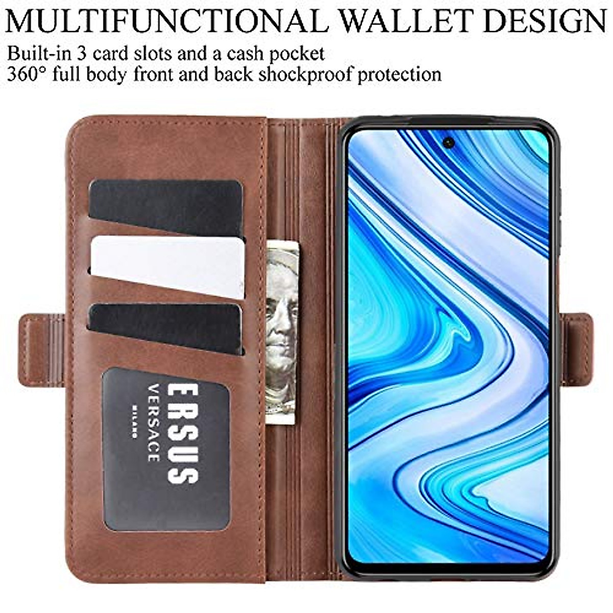 HualuBro Xiaomi Redmi Note 9S Case, Redmi Note 9 Pro Case, Premium PU Leather Full Body Shockproof Magnetic Wallet Flip Case Cover with Card Slot Holder for Redmi Note 9S Phone Case - Brown