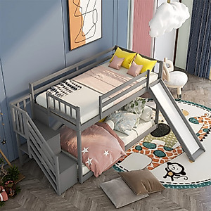 Low Bunk Bed with Slide and Stairs Twin Over Twin Bunk Beds Wood Frame for Kids Toddlers Boys Girls, Gray