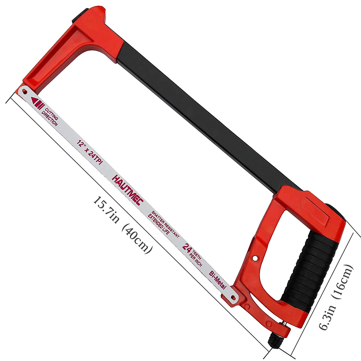 HAUTMEC 12 Inch Adjustable Hacksaw Frame With Blade Cabin, Heavy Duty 45°/90°2 Sawing Angles, 24 TPI High Tension Bi-metal HSS Blade, for Metal, Steel Pipe, PVC, Wood HT0015-CT