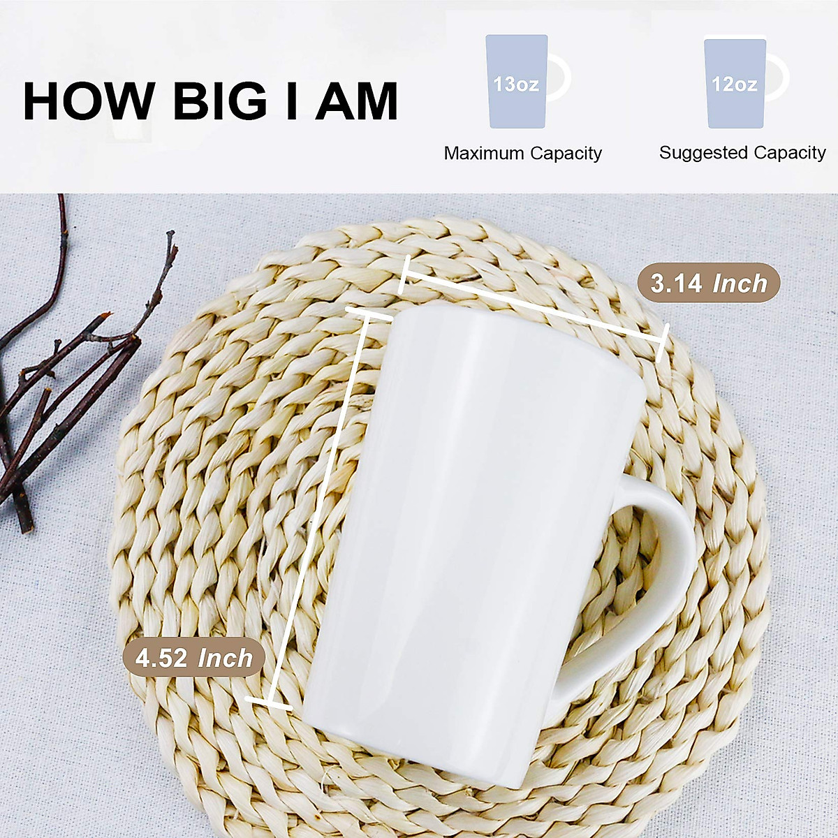 Coffee Mugs Set of 2, 13 Oz Plain White Porcelain Mugs for DIY Paint,Dishwasher Safe, Microwave Safe, Chip-free,Lead-free (2Pack)