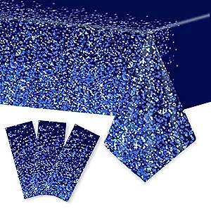 3pcs Blue and Silver Tablecloth for Rectangle Tables Sequin Dot Confetti Table Cover Sparkly Disposable Tablecloths Birthday Decorations Wedding Anniversary Indoor Outdoor Holiday Decor(Plastic)