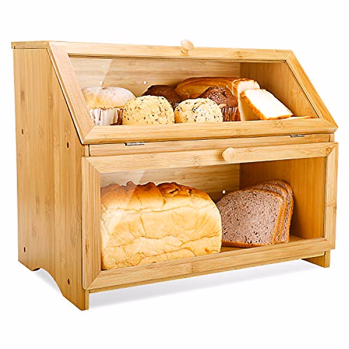 HOMEKOKO Double Layer Large Bread Box for Kitchen Counter, Wooden Large Capacity Bread Storage Bin (Natural Bamboo)