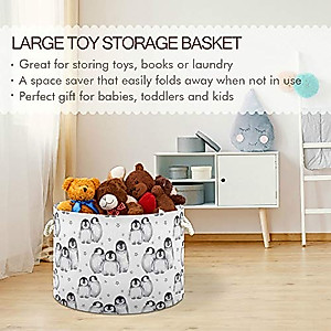 ALAZA Large Storage Basket for Toys Cute Baby Penguins Star Round Blanket Basket Baby Laundry Hamper Canvas Organizer Bin Box Cotton Rope Collapsible Bucket Pillow Home Decor