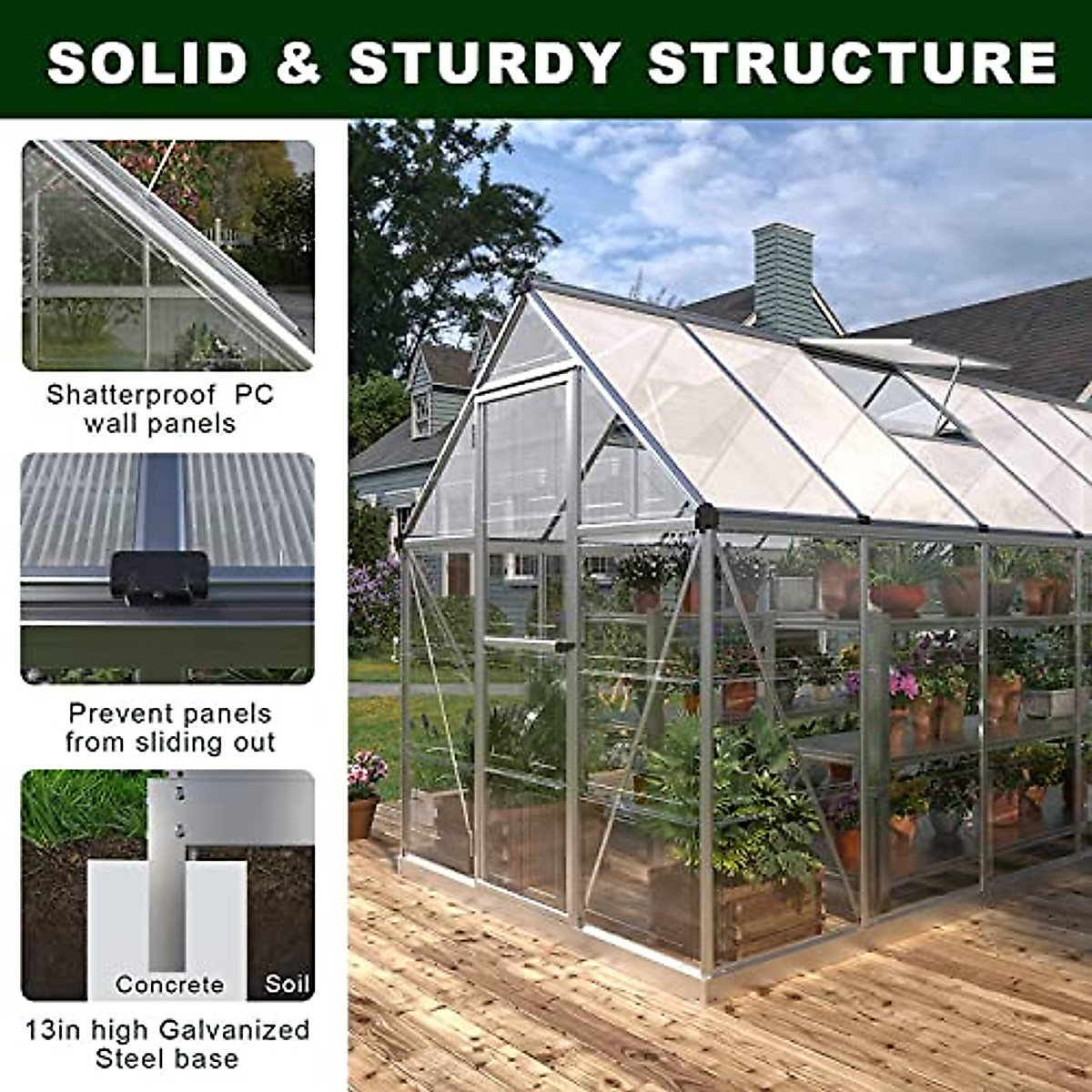 PAPAJET 6x12 FT Hybrid Polycarbonate Greenhouse 3 Vent Window with Lockable Hinged Door Walk-in Hobby Greenhouse Aluminum Hot House for Outdoor Garden Backyard Silver