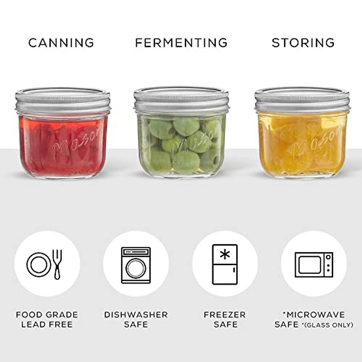 8 Oz Mason Jars With Lids, Labels and Measures! 6-Pack Wide Mouth Glass Jar with Lid and Band. Airtight Canning Jars, Overnight Oats Jars, Salad Jars, Sourdough Starter Jar