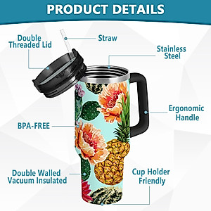 Yasala Car Tumbler with Handle Cactus Pineapple Travel Mug Coffee Cup Insulated Beverage Container Mega Cup for Hot Cold Drinking Thermos Water Bottle Cupholder Friendly 40 oz
