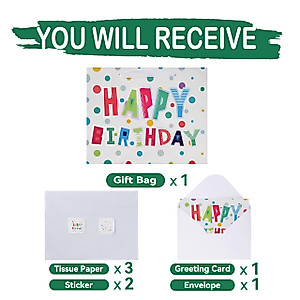 13" Large Colorful Gift Bag Set with Greeting Card and Tissue Paper (Foil Laser Border Happy Birthday) for Women's, Men's, Girls, Boys, Baby Shower