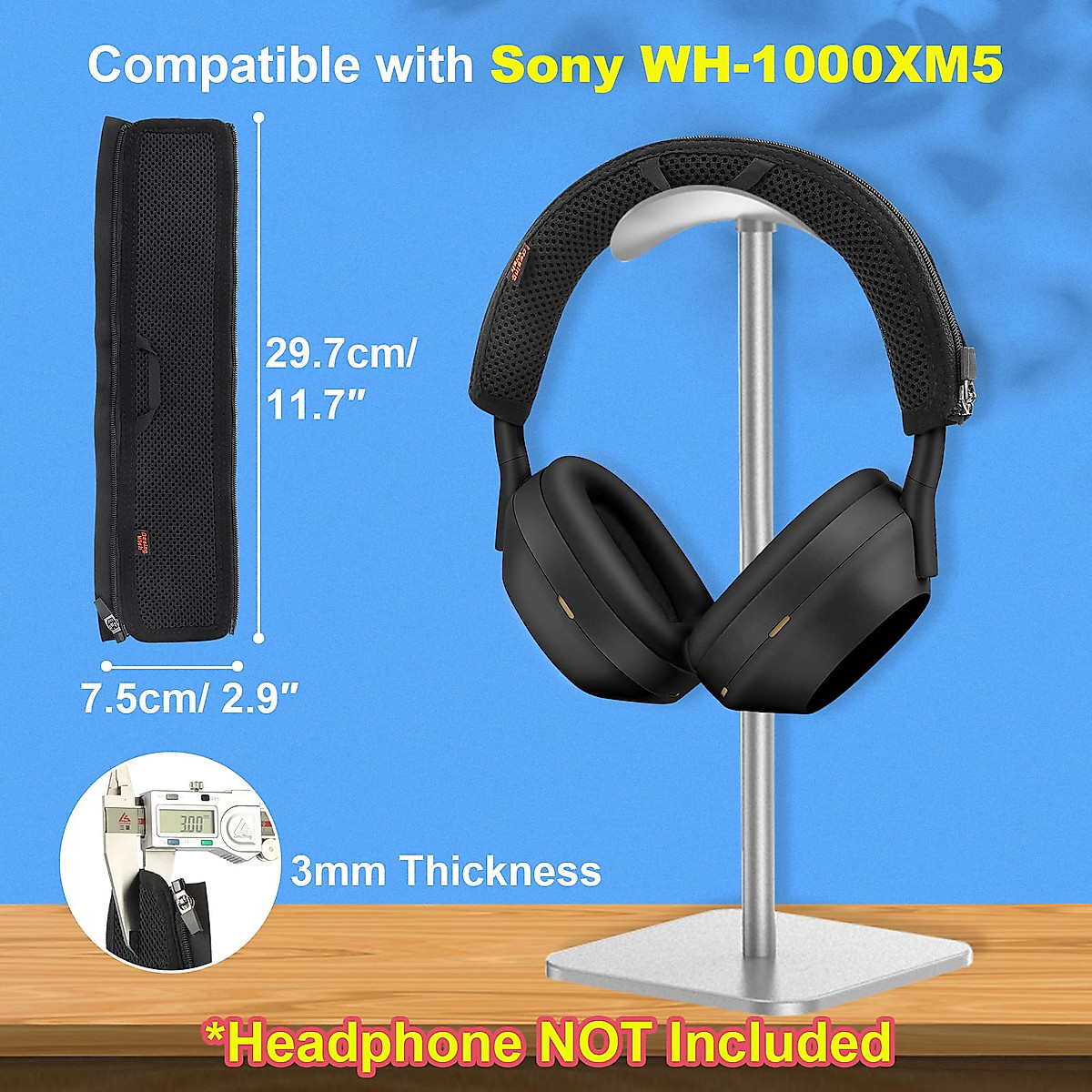 Desing Wish WH-1000XM5 Headband Cover Air Mesh Fabric Replacement Headphone Headband Cushion Pad Cover Compatible with Sony WH-1000XM5 Headphone Headband Protector (Black)