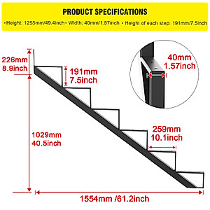 Doniks Steel Stair Step Riser -6 Step for Deck Height 49.4 Inches Metal Stair Stringer Step Stringer Support Connector Frame Hanger Bracket