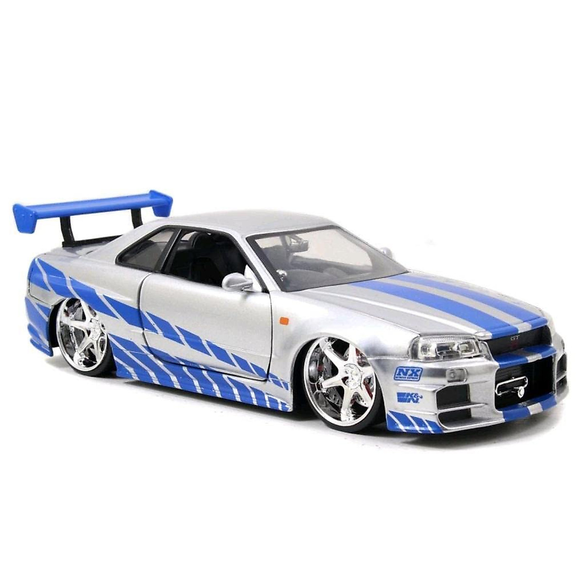 Jada Toys Fast & Furious Brian’s 2002 Nissan Skyline R34 Die-cast Car, 1:24 Scale, Silver & Blue,19808
