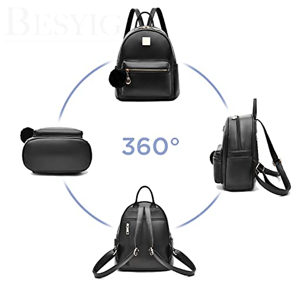 BESYIGA Girls Fashion Backpack 3-Pieces Leather Mini Backpack Purse for Women Satchel School Bags with Pompom Casual Travel Daypacks White