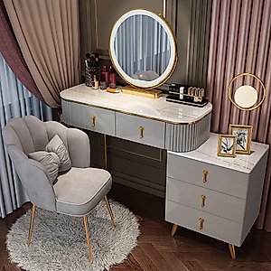 Large Vanity Table Set with Lighted Mirror, Makeup Vanity Dressing Table with Movable Bedside Table and Cushioned Stool, 3 Color Light Adjustable Brightness, Deal for Home Bedroom Decor ( Color : Gray