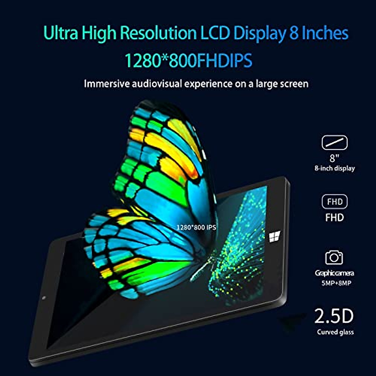 SERYUB Mini 5 8.0-inch IPS LCD Ultra-Thin Lightweight Tablet with Win 10, High-Speed and Silent, 4GB RAM/128GB EMMC/Wireless WiFi/Micro USB, High-Performance Windows Tablet. (Black)