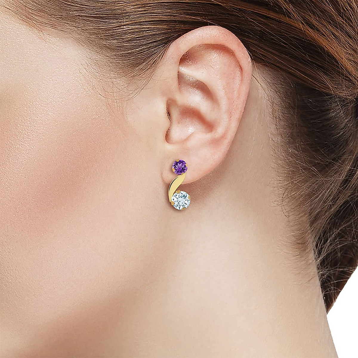 Gem Stone King 14K Yellow Gold Sky Blue Aquamarine and Purple Amethyst Earrings For Women |0.64 Cttw | Gemstone Birthstone | Round 4MM and 3MM