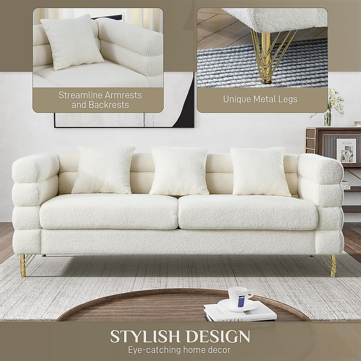 OUYESSIR Cloud Sofa Couch for Living Room, 79" Comfy Deep Seat Boucle Sherpa Sofa with 3 Pillows and Gold Legs, Modern Upholstered 3 Seater Large Loveseat for Bedroom Office, Beige White Teddy