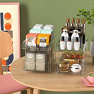 SANNO 2 Tier Clear Organizer with Dividers, Kitchen Pantry Pull-Out Under Sink Organizer Sliding Storage Drawers Baskets, Medicine Bins Bathroom Vanity Counter Organizing Tray