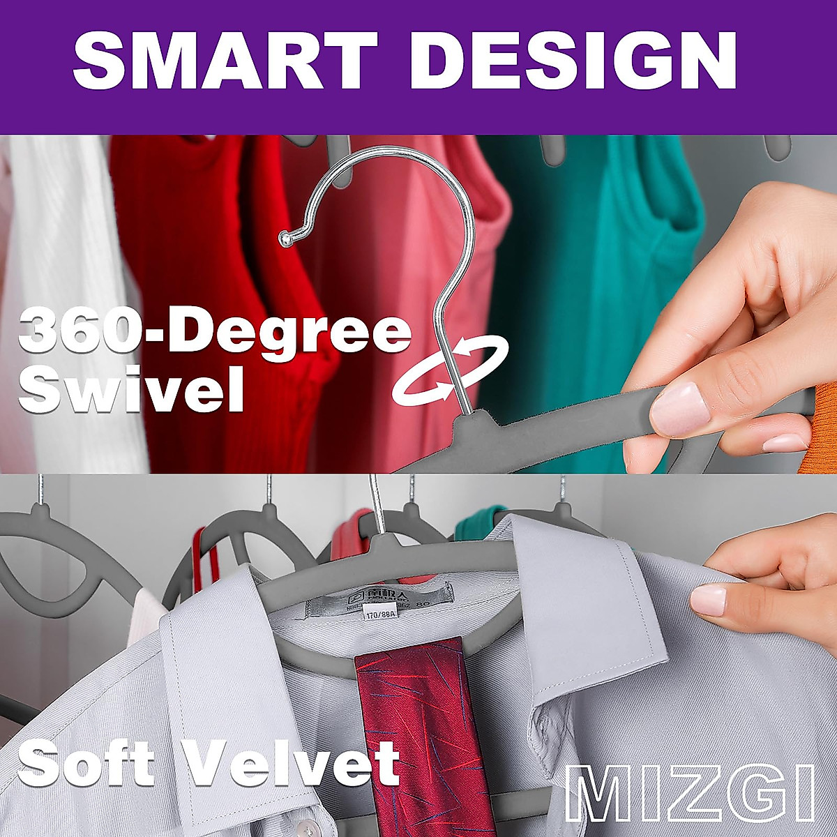 MIZGI Premium Velvet Hangers 50-Pack,No Shoulder Bump Hangers W/Tie Bar Ultra Thin Space Saving Non Slip Hangers Heavy Duty Felt Rounded Clothes Hangers for Sweaters,Coat,Jackets,Pants,Shirts