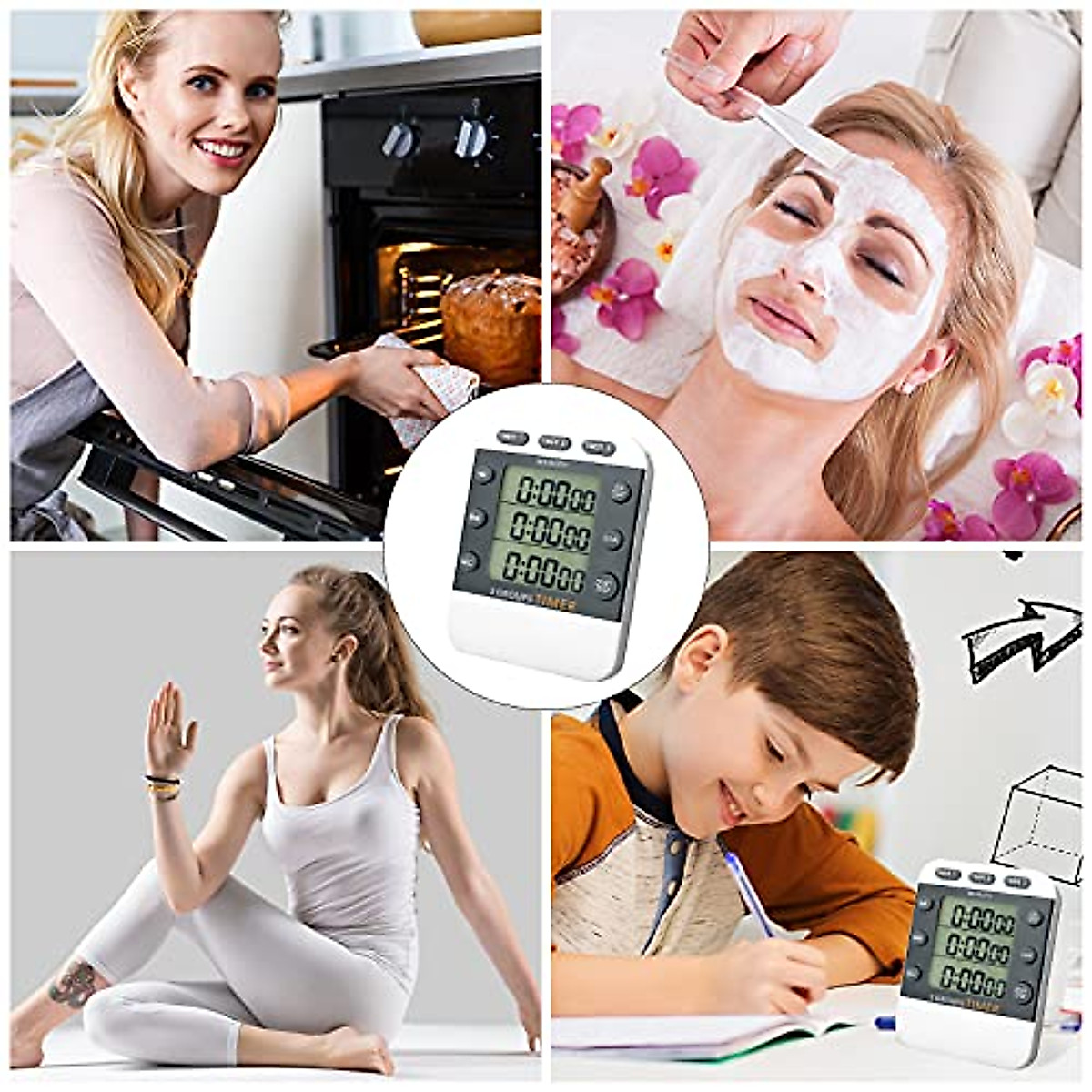 Photect 2 Pieces Digital Dual Kitchen Timer 3 Channels Count UP/Down Timer Cooking Timer with Magnetic Back Loud Alarm Large Display Countdown Timer for Cooking Classroom Kids Teacher Study