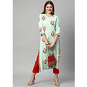 Elina fashion Indian Stitched Kurti for Womens With Pant | Rayon Printed Readymade Kurta Kurtis Light Green