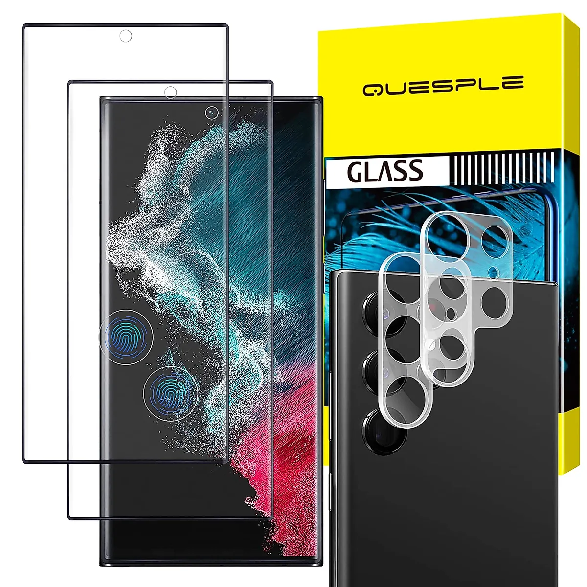 [2+2 Pack] Screen Protector for Samsung Galaxy S22 Ultra 5G 6.8 Inch, 2 Pack Tempered Glass Film + 2 Pack Camera Lens Protector, HD Fingerprint unlock/Full Coverage/Anti-Scratch/Case Friendly