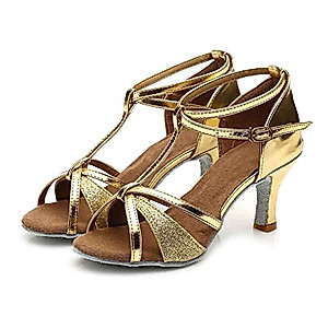 ROGMUJEN Women Latin Ballroom Dance Shoes Tango Salsa Party Dress Pump Heeled Dance Shoes,Gold,8.5US