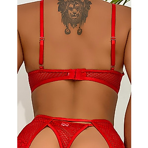 Aranmei Women’s Sexy Eyelash Fishnet Lingerie Set Chain Babydoll Underwire Bra and Panty Sets with Garter Belt 4 Pieces(Red Large)