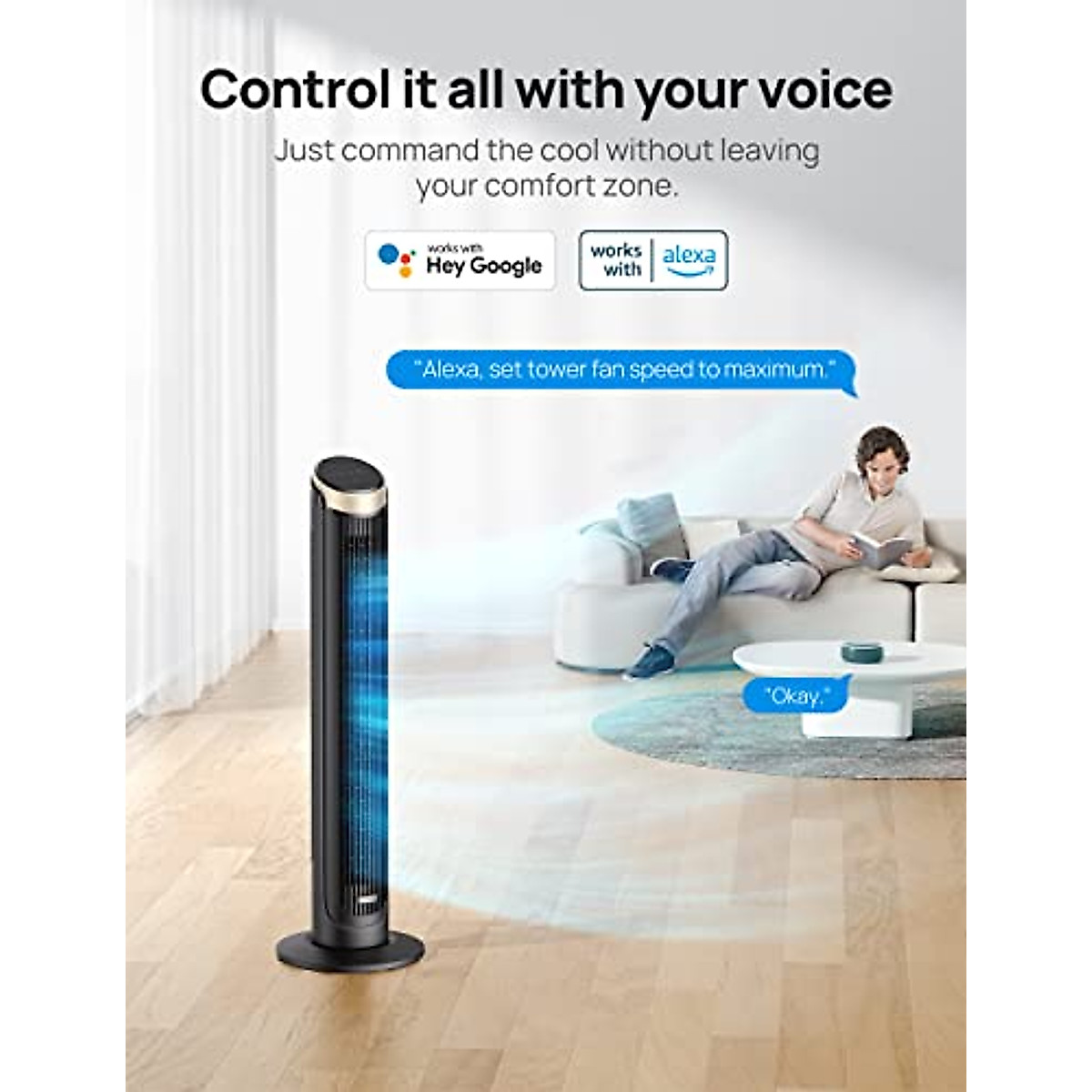 Dreo 40'' WiFi Tower Fan, 26ft/s High-Speed Cooling, Quiet Floor Fan with Remote & Smart Tower Fans for Home, 90° Oscillating Fans for Indoors, 26ft/s Velocity Quiet Floor Fan