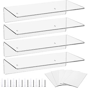 Vinsot 4 Pieces Acrylic Floating Shelves 12 Inch Clear Acrylic Shelf Acrylic Wall Display Shelf 4 mm Thick Invisible Book Shelves for Home Bathroom Office, Transparent, one size
