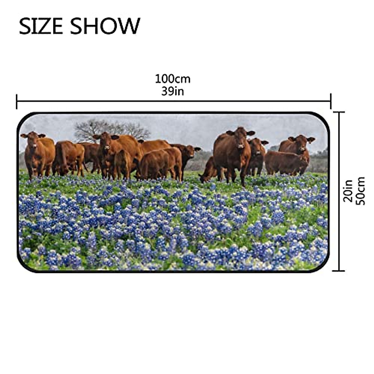 Cows Bluebonnets Spring Kitchen Rugs Cattle Animal Bath Mat for Bathroom Absorbent Non Skid Washable Standing Floor Desk Mat Runner Carpet for Home Office Hallway Sink Stove Laundry 39X20 inches