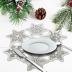 OWENIE Christmas Placemats Set of 4, Metallic Embroidered Cutwork Silver Snowflakes Round Placemats for Dinging Table, Luxury Holiday Tabletop Collections, Winter Table Mats (4pcs, 15 inches Round)