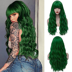 Sallcks Womens Long Curly Wavy Green Wig with Bangs Halloween Cosplay Costume Full Wigs Synthetic Fiber Green Hair Wigs with Wig Cap