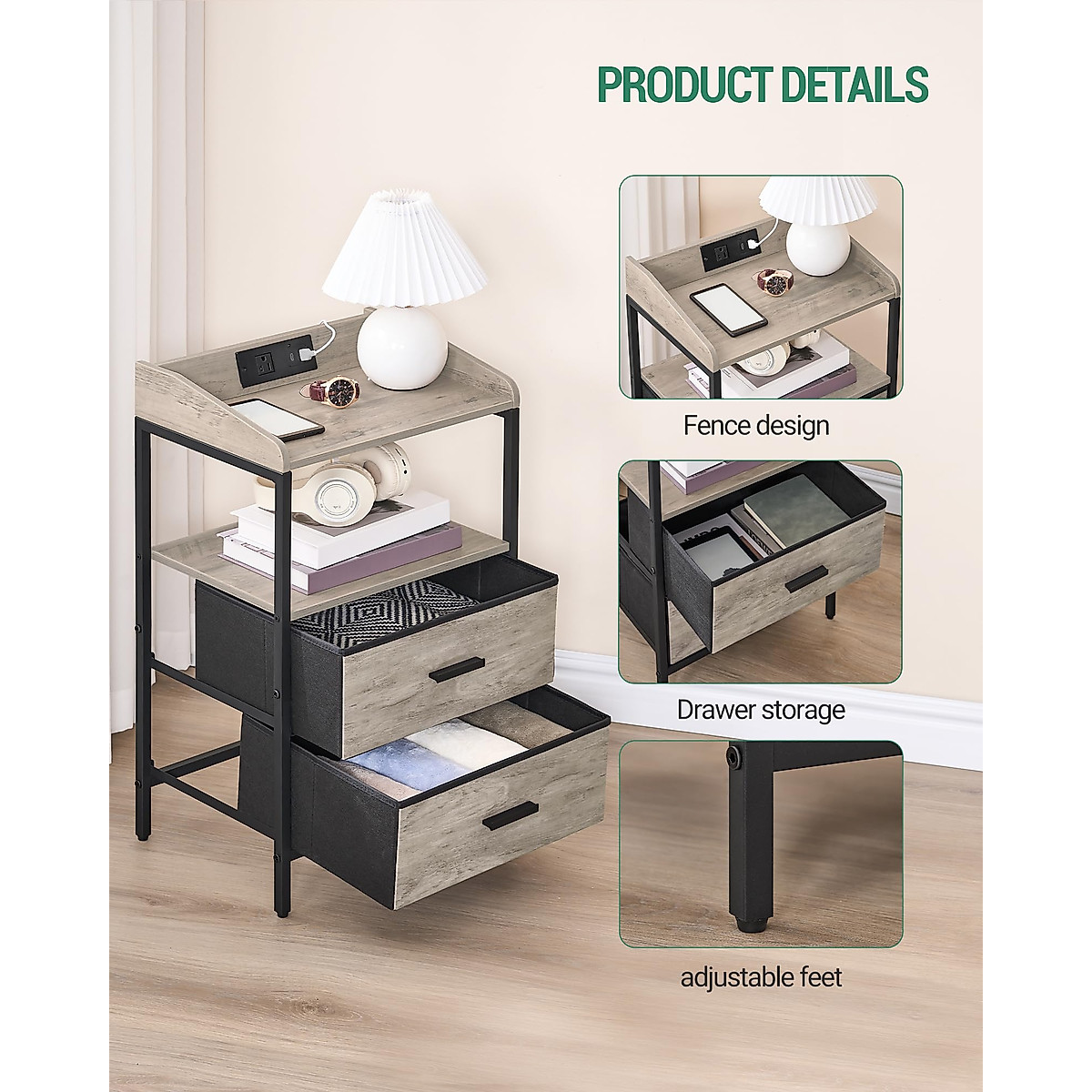 Hzuaneri Nightstands with Charging Station, End Table with 2 Fabric Storage Drawers and Shelves, Modern Side Table with USB Ports & Power Outlets, Greige NS30405B