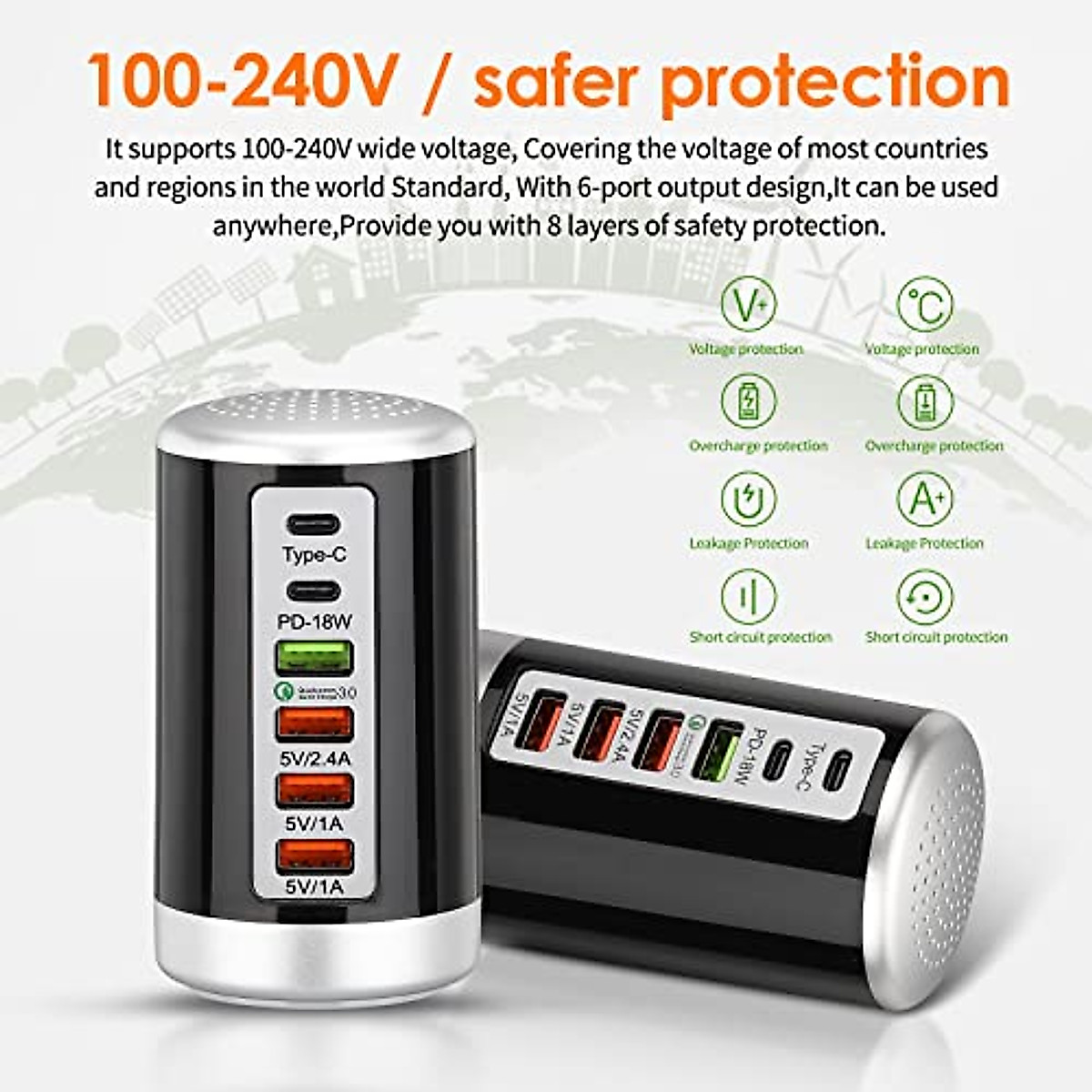 USB C Charging Station with 6 Ports, 65W PD & QC Multiport USB Charging Hub Family (Black)