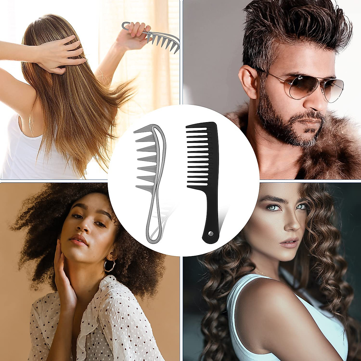 2Pcs Wide Tooth Comb for Curly Hair, Large Shark Teeth Comb Detangler for Brushing Out Curls Plastic Hairstyle Tool for Wet Wavy Thick Hair Wigs Barber Salon, Women Men (1 Black, 1 Silver)